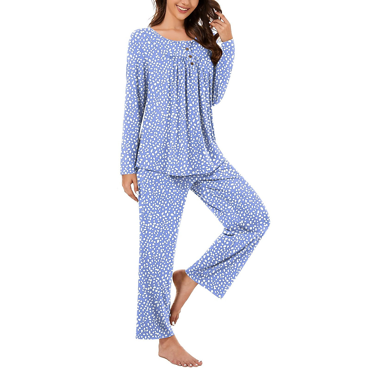 Bestbee Womens Pajama Set Plus Size, 2 Piece Lounge Outfits Pleated Sleepwear Sets Long Sleeve With Pockets Ladies Pjs, 3XL, Spotted Blue