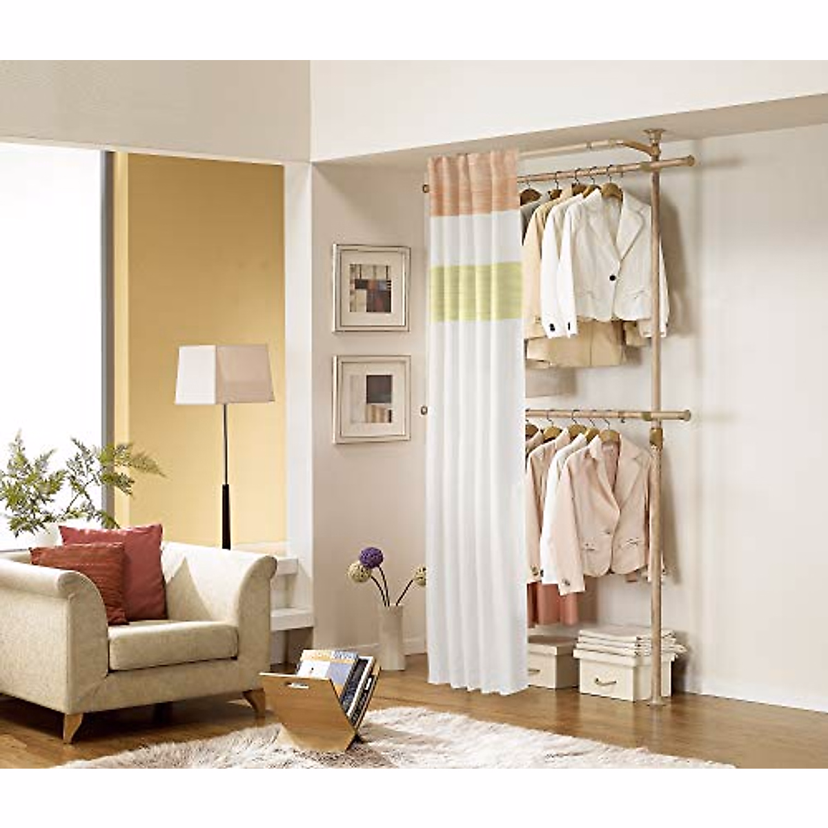 PRINCE HANGER, Premium Wood Colored 2 Tier Hanger with Curtain, Clothing Rack, Closet Organizer, Free Standing, Garment Rack, PHUS-0063, Made in Korea