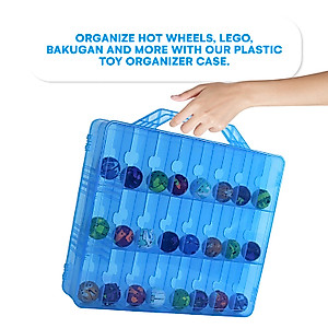 Bins & Things Hot wheels Display case and toy car storage organizer, Double sided 48 - Multi Compartment Plastic Car Toy Organizer Compatible with Lego, LOL Surprise Matchbox cars storage case - Blue
