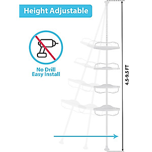 MIYA Adjustable Shower Caddy Corner Tension Pole, 4.5-9.5 FT Standing Corner Shower Organizer, 4-Tier Bathroom Storage Shelf for Inside Shower, Rustproof White Bathtub Caddies with Hooks, Drill Free