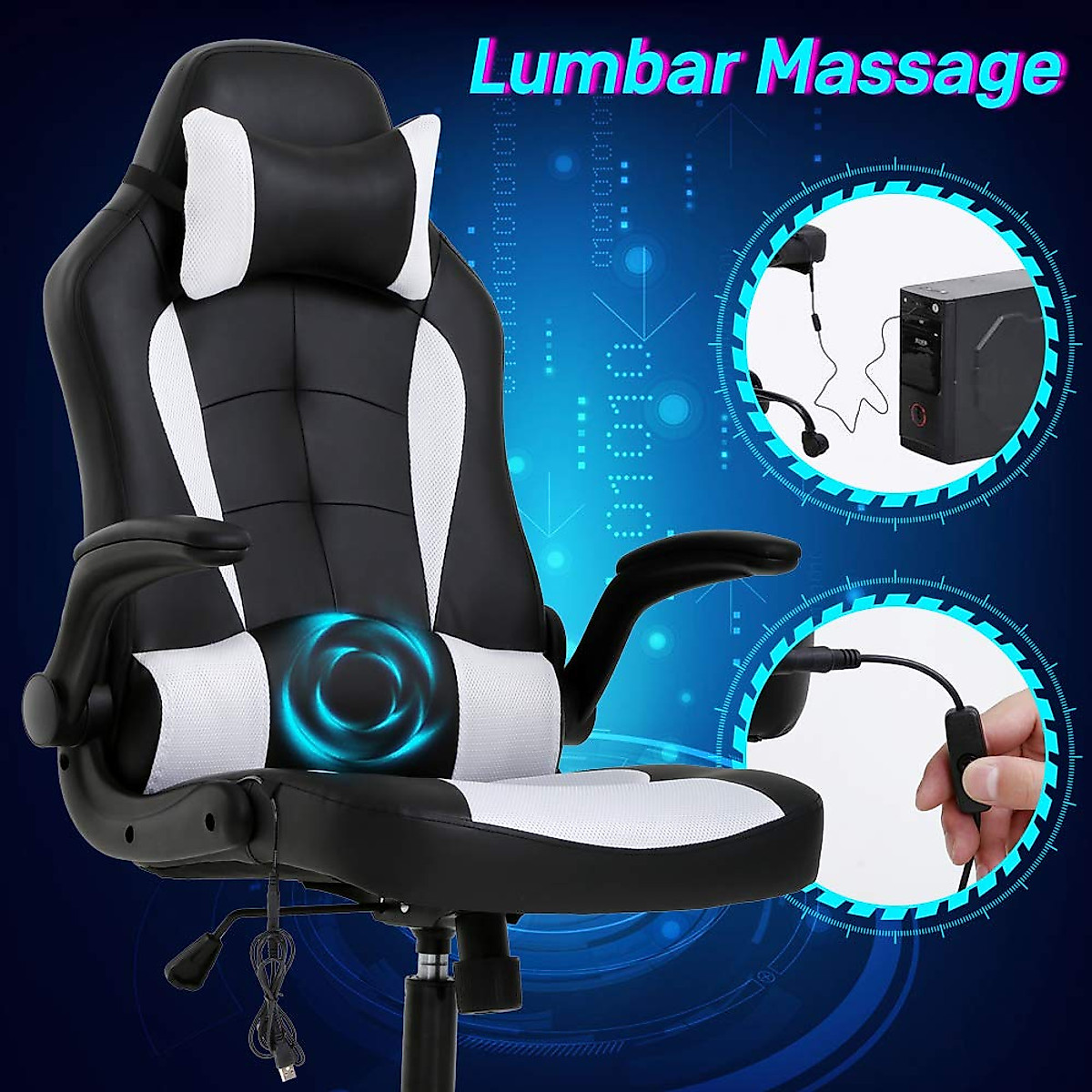 Gaming chair Office Chair Desk Chair Massage Ergonomic High Back Computer Chair with Lumbar Support Flip-up Arms Headrest PU Leather Height Adjustable Swivel Executive Chair for Women Men Adult