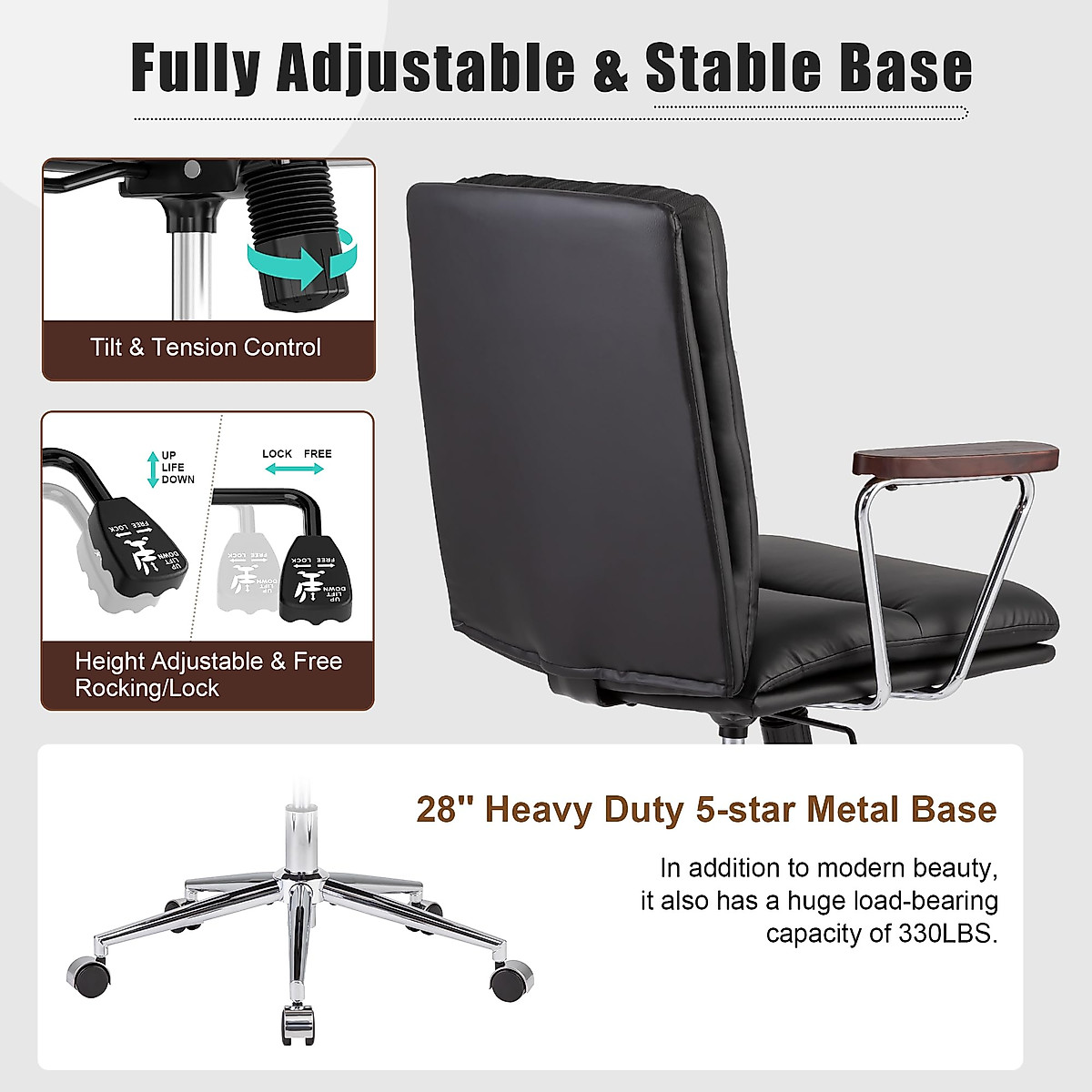 Okeysen Leather Office Chair, Modern Desk Chair with Removable Wooden Armrests, Ergonomic Mid-Back Conference Room Chairs with Wheels, Adjustable Swivel Rolling Chair for Home Office.