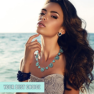 Bonuci Turquoise Collar Necklace Long Necklaces for Women Western Jewelry Silver Boho Necklace Pendant Choker Necklaces with Buckle for Women(Green,Flower)