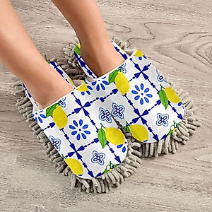 FLildon Microfiber Cleaning Slippers Talavera Tile Lemon Washable Mop Shoes Slipper for Men/Women House Floor Dust Cleaner, Size L