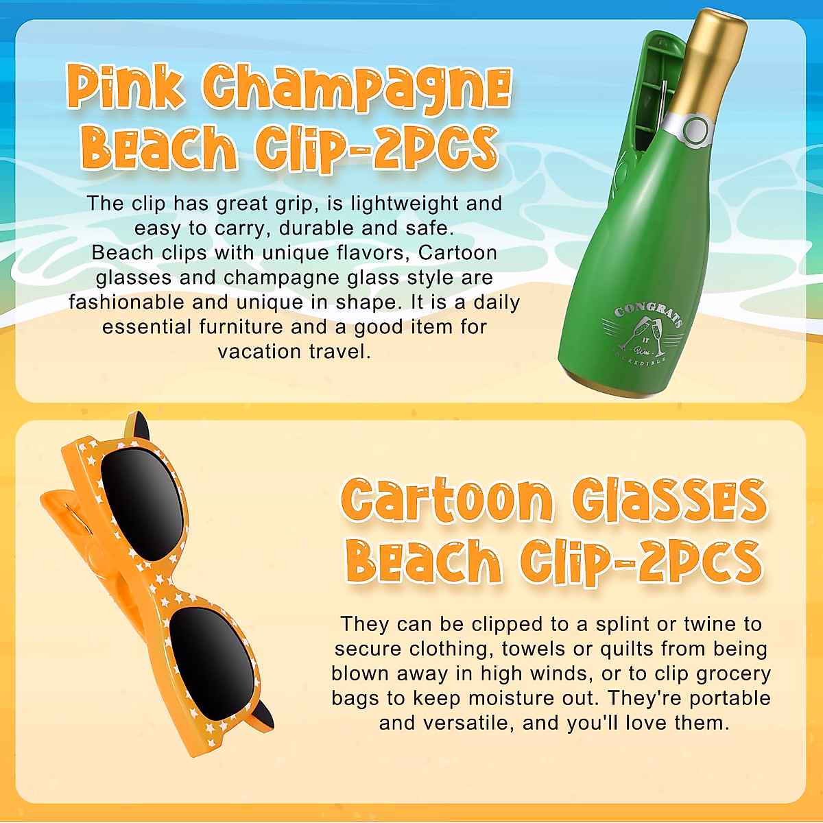 4 Pieces Beach Towel Windproof Clips for Beach Chairs Patio and Pool Accessories Cartoon Glasses Cocktail Glasses Towel Clips Funny Decorative Clothespins for Home (Trendy Style)