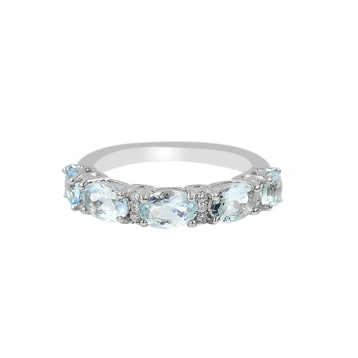 925 Sterling Silver Natural 6X4 MM Oval Cut Deep Aquamarine Gemstone March Birthstone Cluster Unisex Proposal Ring Wedding Jewelry Bridal Ring Birthday Gift Valentine's Day Gift For Her (Rhodium Plated Silver, 6.5)