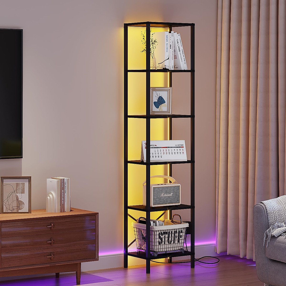 JARHETUN 6-Tier Bookshelf, Tall Narrow Bookcase with LED Lights, Book Shelf with Steel Frame, Display Storage Shelf for Living Room, Bedroom, Home Office, Study, Balcony, Black