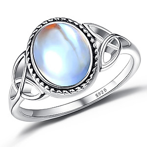 ADRAMATA 925 Sterling Silver Moonstone Ring for Women 18K White Gold Plated Rainbow Moon Stone Rings Victorian Style Gemstone Solitaire Oval Moonstone Ring Size 9