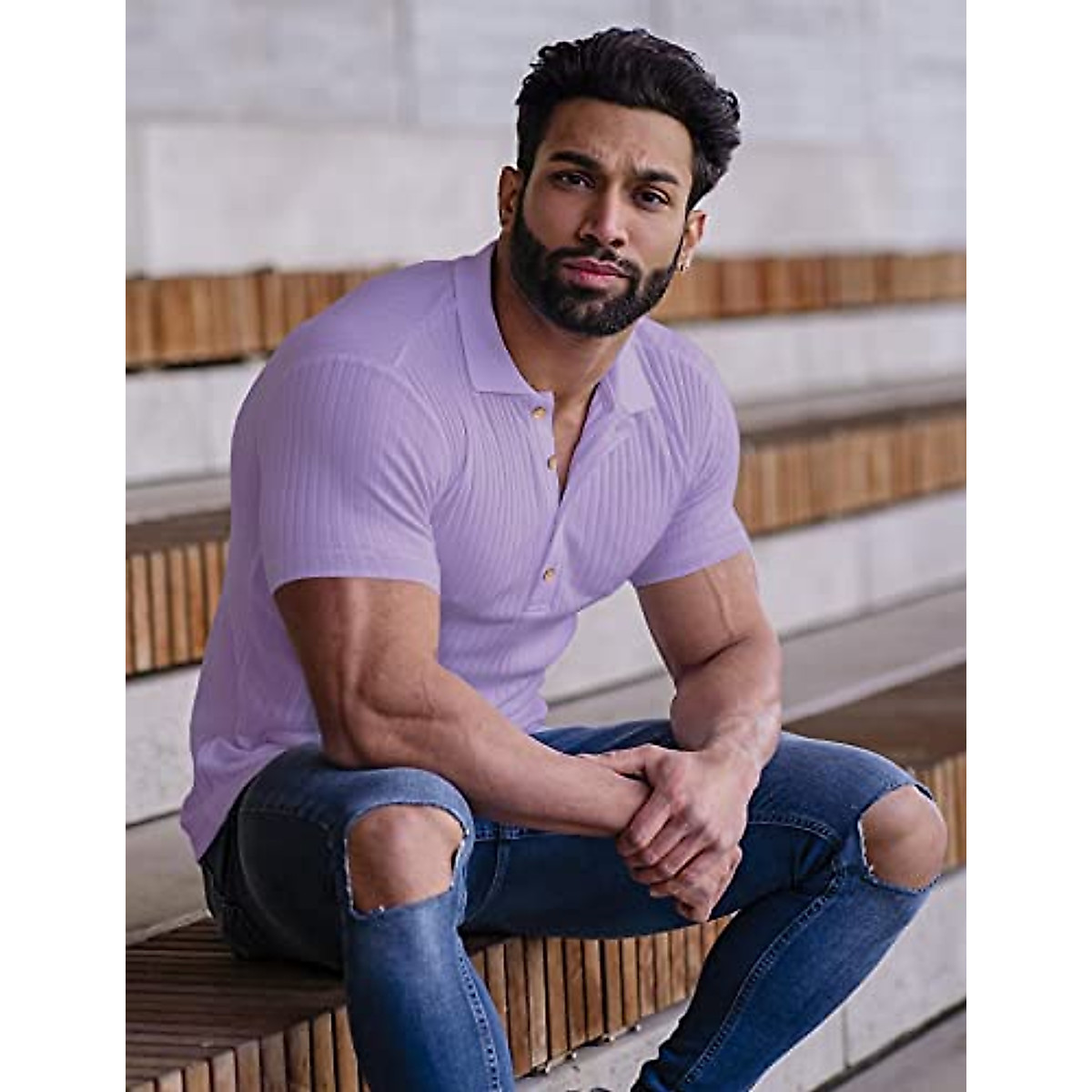 URRU Men's Muscle T Shirts Stretch Classic Ribbed Short Sleeve Casual Slim Fit Polo Golf Shirt Light Purple S