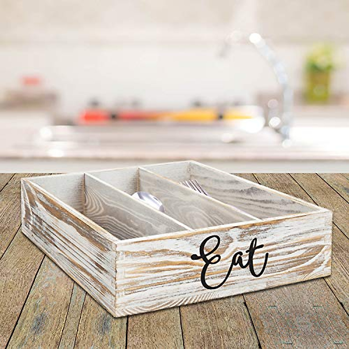 MyGift 3 Slot Shabby Whitewashed Wood EAT Tabletop Dining Utensil Cutlery Tray, Cabinet, Drawer Storage Organizer for Forks, Knives and Spoons