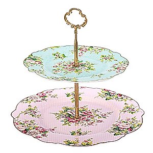 PULCHRITUDIE Pink Azalea Porcelain Two-Tier Cake Stand Cake Plate, 9.5"