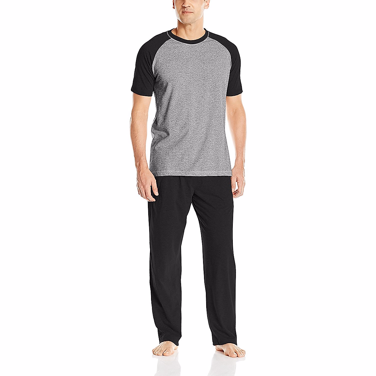Hanes Men's Adult X-Temp Short Sleeve Cotton Raglan Shirt and Pants Pajamas Pjs Sleepwear Lounge Set - Black (Large)