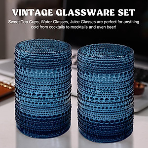 UPZAI Vintage Drinking Glasses Glassware: 15oz Water Cups Set of 6 - Thick Glass Vintage Hobnail Tumbler for Cocktail Whiskey Wine Beer Juice (6pcs Blue)