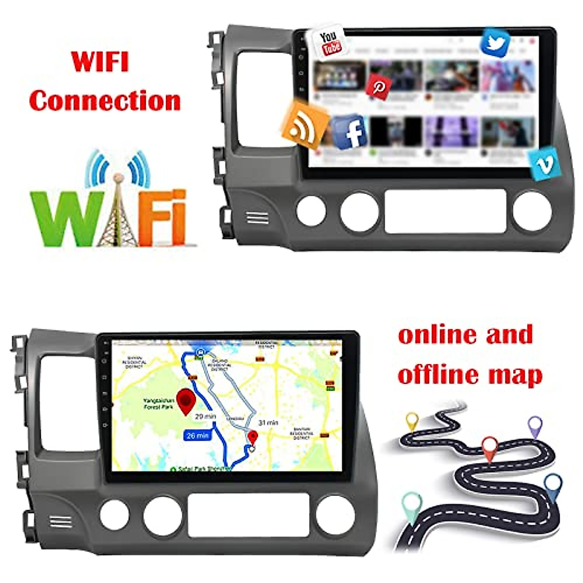 Binize Android 10 Car Stereo Compatible with CarPlay&Android Auto,10 Inch Touch Screen Car Radio Support Bluetooth,GPS Navigation,FM&AM,RDS,DSP,SWC for Honda Civic 2006-2011+Backup Camera
