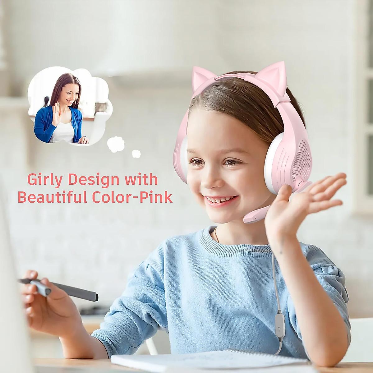Emonoo Newest Pink Gaming Headset with Microphone for PC, PS5, Mac, Xbox, PS4, Over-Ear Surround Sound Stereo Cat Ear Headphones with Mic for Computers Laptop Smartphones Tablets
