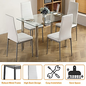 HomVent Dining Table Set for 4, Small Tempered Glass Dining Room Table Set, Kitchen Table and Chairs for Small Spaces, Transparent,White Modern 110cm, Stainless Steel PU Leather