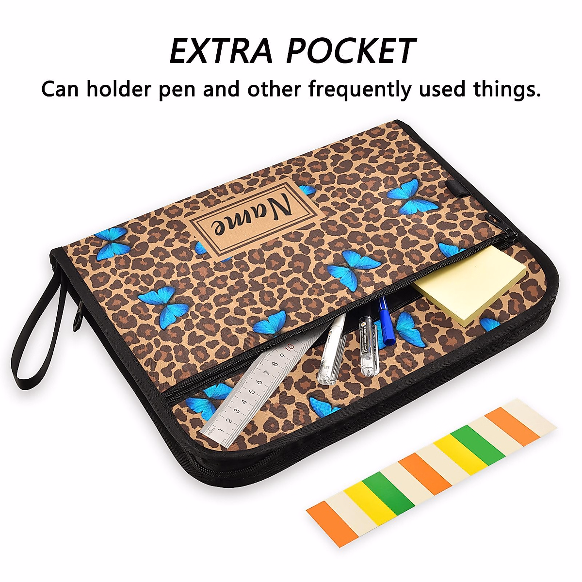 Blue Butterfly Leopard Cheetah Print Expanding File Folder, 13 Pockets Accordion File Organizer with Sticky Labels Zipper Portable A4 Document Organizer for Home Office School Supplies