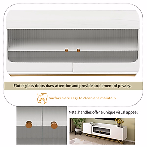 Bellemave Modern TV Stand for 65 Inch TV High Gloss Marble TV Stands for Living Room Large Entertainment Center with Storage Long Media Console with Fluted Glass, White