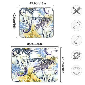 Tropical Leaves Elephant Pattern Dish Drying Mat 24"x18" Absorbent Machine Washable Hanging Fast Dry Pad Dish Protective Mat for Kitchen Countertop Heat Resistant Dinner Table Mat