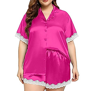 SWOMOG Plus Size Satin Pajama Set for Women Silk Satin Pj Set Short Sleeve Button Down Loungewear 2 Pcs Soft Lace Trim Nightwear Rose Red