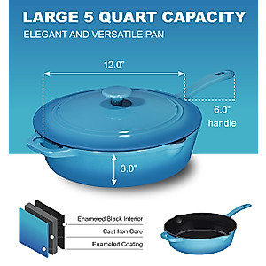 Bruntmor 5 Qt Turquoise Enamel Cast Iron Sauté Pan With Lid, 5 Quart Oven Safe Cast Iron Skillet, Cast Iron Grill Pan Set, Nonstick Cookware And Bakeware For Casserole Dish