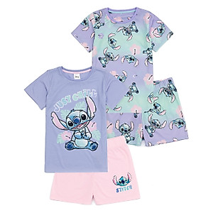 Disney Lilo And Stitch Girls 2 Pack Pyjama Set | Kids Short Sleeve T-Shirt Complete & Shorts PJs | Just Chill Alien Graphic Purple