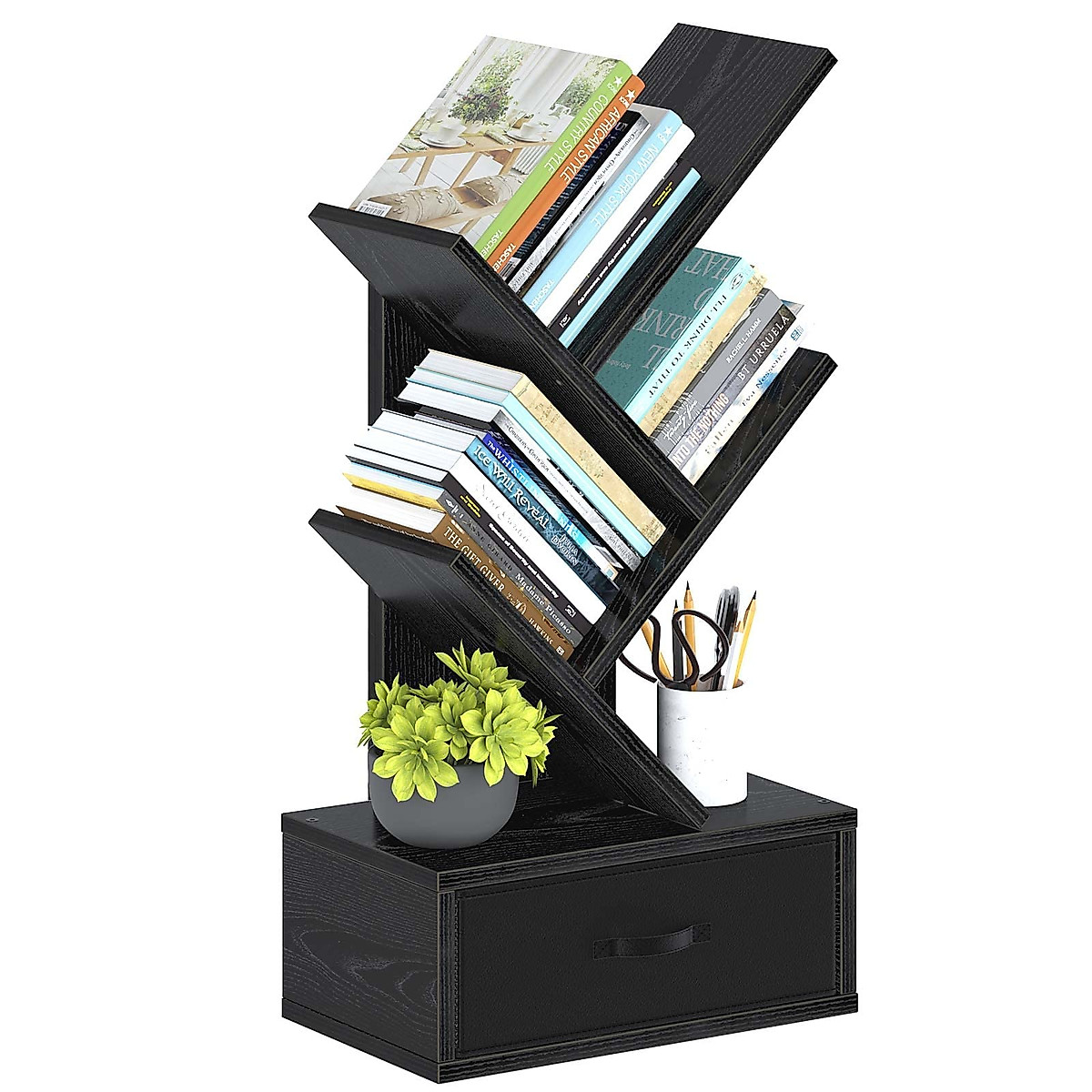 Rolanstar Bookshelf with Drawer, 4 Shelf Tree Bookshelf, Wooden Bookshelves Storage Rack for CDs/Movies/Books, Black Bookcase, Utility Organizer Shelves for Living Room, Bedroom