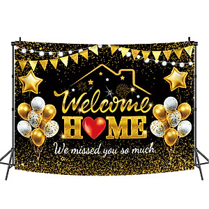 Gold and Black Welcome Home Banner Family Reunion Backdrop Welcome Home Decorations We Missed You So Much Decorations Welcome Back Banner Welcome Sign for Party Supplies 7x5FT