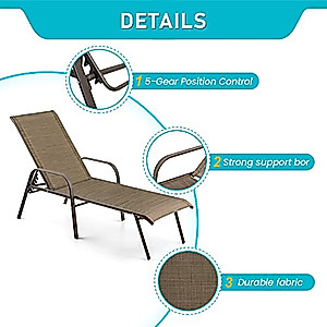 Crestlive Products Adjustable Chaise Lounge Chair, Five-Position and Full Flat Outdoor Recliner for Patio, Deck, Beach, Yard, Pool (2PCS Brown)