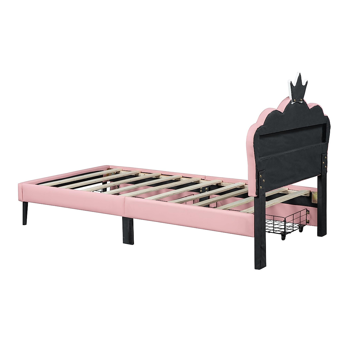 SOFTSEA Twin Size Princess Bed with Storage Drawers, Faux Leather Platform Bed with Crown Headboard for Kids Girls, No Box Spring Needed, Pink