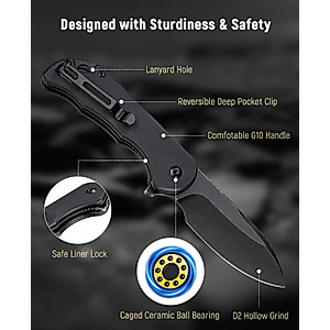 KEXMO Pocket Knife for Men - 2.99" D2 Blade G10 Handle Folding Pocket Knife with Clip - Small EDC Knife for Tactical Hunting Hiking Camping Survival Gift for Men Dad Women, Black