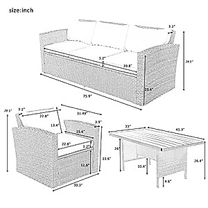 DHPM 4 Piece Patio PE Rattan Wicker C, Outdoor Sectional Conversation Furniture Chair Set Table, 3 Sofa with Cushions, 5 Seats for Garden, Poolside, Backyard, Gray