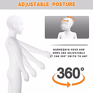 Child Mannequin Kids Dress Form Full Body White Skin Adjustable Detachable Manikin Body Display with Metal Base for Children 43.3 Inches