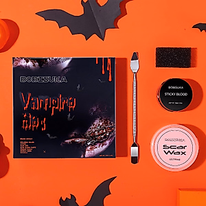 BOBISUKA 4 Piece Halloween SFX Special Effects Makeup Kit - Modeling Scar Wax + Coagulated Blood with Spatula Tool and Black Stipple Sponge All in One (VAMPIRE SET)