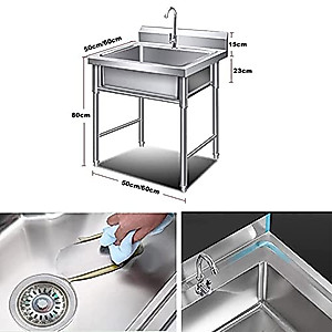 Vertical Kitchen Sink, Single Bowl Sink Commercial Catering Sink 304 Stainless Steel Kitchen Sink Freestanding Wash Basin Multifunctional Sink with Bracket Drawing Process (60 * 60 * 80cm)