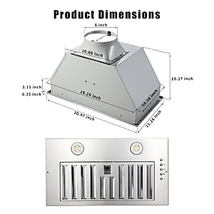 JOEAONZ Range Hood Insert 20 Inch Stainless Steel with Baffle filters, 600 CFM Built-in Kitchen Hood, Ducted/Ductless Convertible Vent Hood GU10 LED, 3 Speed Stove Exhaust Fan, Push Button Control