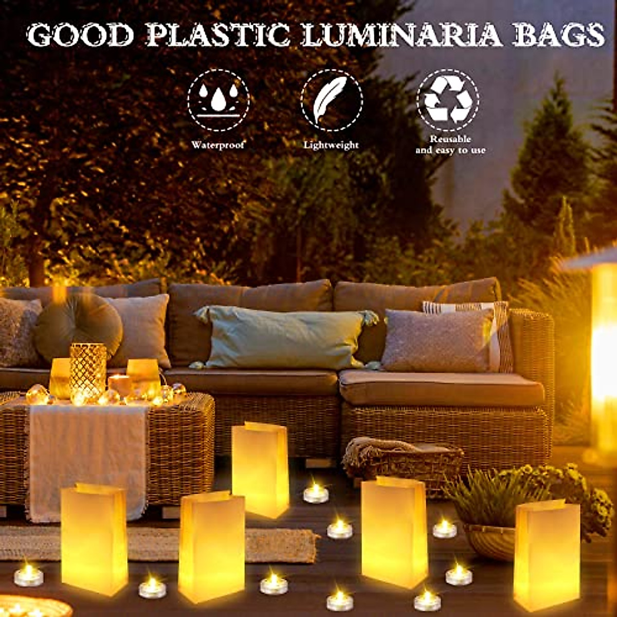 Supervitae 200 Pieces Plastic Luminaria Bags Set Including 100 and LED Waterproof Candle for Christmas Decorations, Hanukkah Lights, Easter, Wedding White