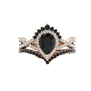 4 CT Pear Cut Black Onyx Simulated Diamonds Halo Twisted Accents Shank Wedding Ring Set for Women & Men in Sterling Silver V shaped stackable band rings (4.5)