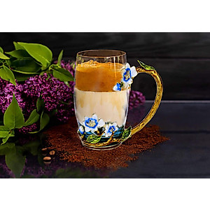 Tea Cup Glass Mug Cups, Mother's Day Gifts, Handmade Enamel Flower Coffee Cup with Spoon Set, Unique Gift Valentine's Birthday Wedding Christmas for Mom Women Grandma Teacher Friend-13 OZ Blue Tall