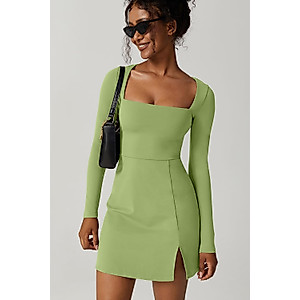QINSEN Womens Light Green Mini Dress Long Sleeve Square Neck Side Slit Tennis Dresses L
