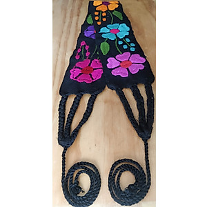 Mexican Embroidery Belt Sash 28 Inches & 22 Inches String Beautiful Floral Design Traditional Fiesta Party (Black, 1)