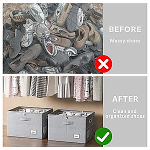 2 Pack Shoe Organizer for Closet Large Shoe Box Storage Containers with Clear Window Space Saving Shoe Bin with Foldable Bottom Support Adjustable Dividers Fits 32 Pairs (Grey, (19.7x15.7x13inch) x2)