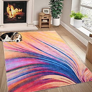 GarveeHome 9x12 Area Rug Large Washable Abstract Brush Stroke Rug Soft Low Pile Non Skid Non Shedding Floor Carpet Rugs Multiple Colors Modern Floor Cover for Bedroom Living Room, Blue/Pink