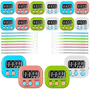 16 Pieces Small Digital Kitchen Timer Classroom Timers for Students in 100th Day of School Magnetic Back and ON Switch Minute Second Count Up Countdown with Matching Ropes, Not Including Battery