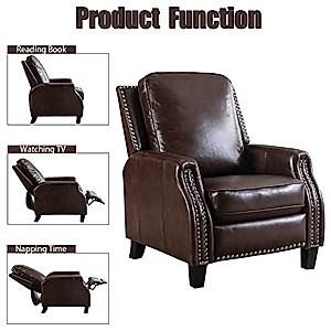 CANMOV Genuine Leather Recliner Chair, Classic and Traditional Push Back Recliner Chair with Solid Wood Legs, Adjustable Single Sofa with Nailhead Trim for Living Room, Bedroom, Brown