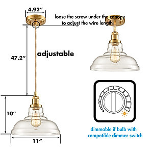 CLAXY Industrial Brass/Gold Pendant Lights Glass Dome Kitchen Hanging Light Fixture-3 Pack