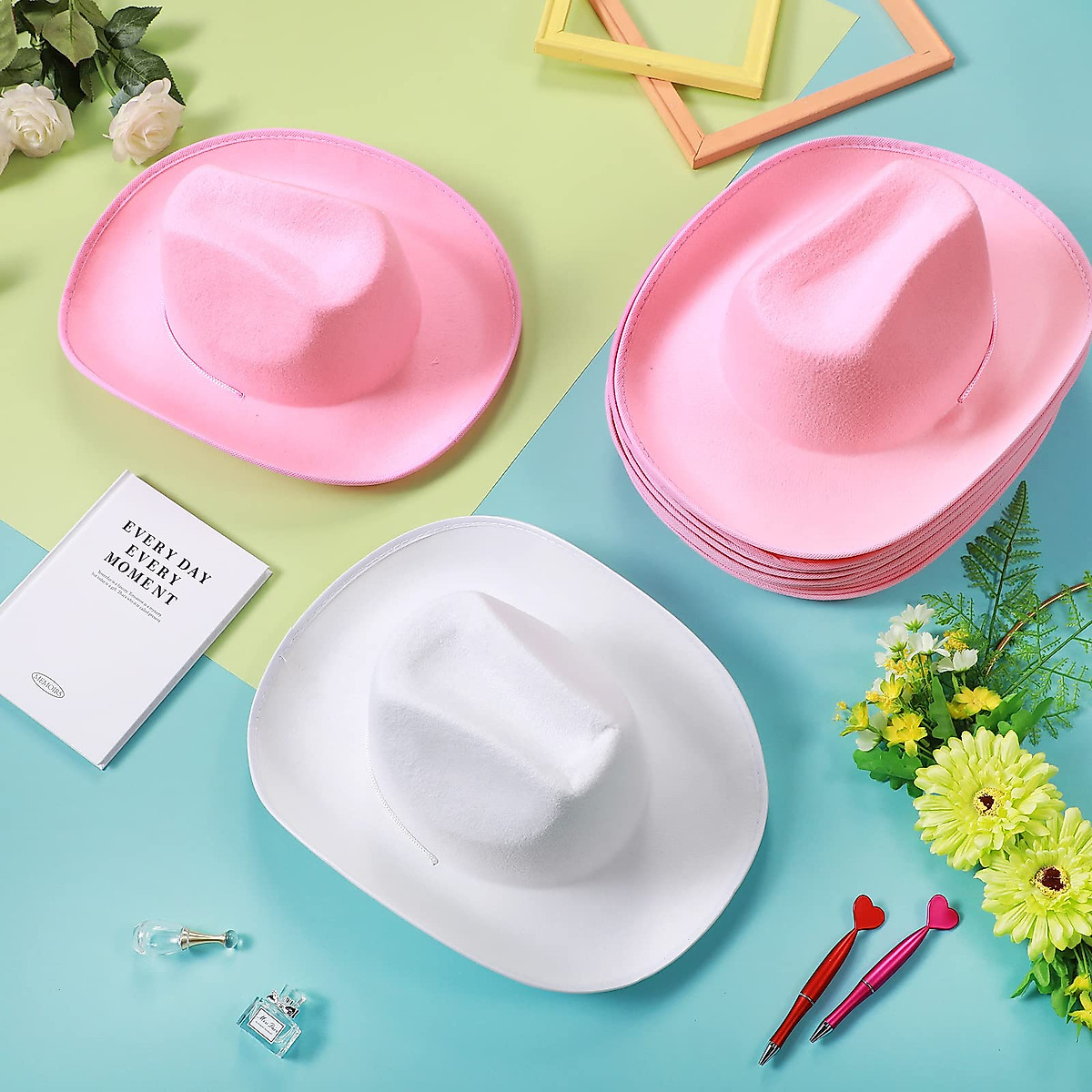 Hicarer 6pcs Pink Cowgirl Hats Bride Western Cowboy Hat for Girls or Women for Bachelorette Party, Wedding and Birthday(Retro Style)