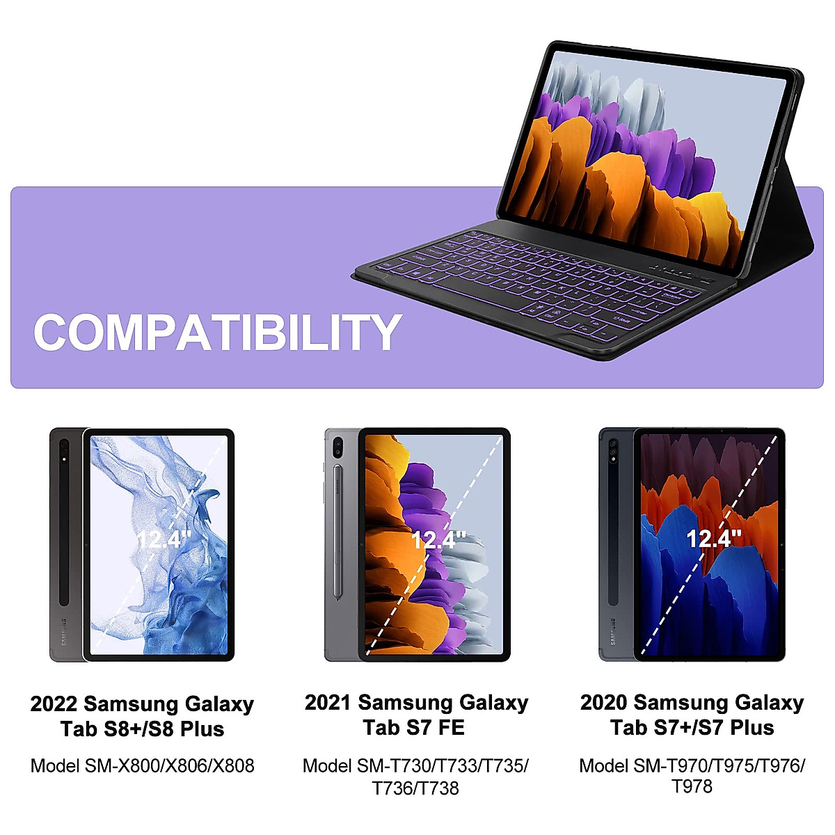 Samsung Galaxy Tab S8 Plus/S7 Plus /S7 FE Keyboard Case 12.4 inch, 7 Colors Backlit and Detachable Wireless Keyboard & Slim Stand with S Pen Holder for Tab S7 FE 2021/S7 Plus 2020/S8+ 2022, Gray