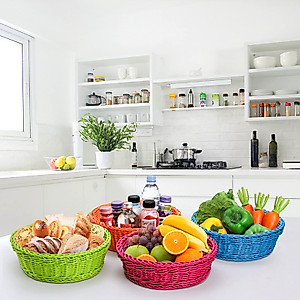 AVLA 4 Pack Woven Breads Baskets, Imitation Rattan Fruit Storage Bowls, Stackable Handwoven Serving Basket, Poly-Wicker Round Basket Set for Organizing, Decorative Gift Basket for Countertop, Pantry