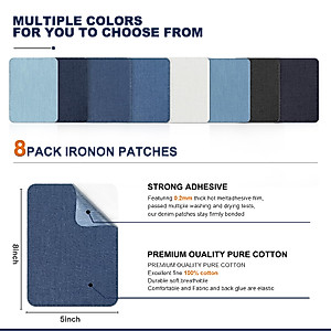 Azobur Iron on Patches for Clothing Repair, 8 Pcs Jean Patches for Inside and Outside, Sew on Iron on Denim Patches for Jeans Kits 5"x 8"（Eight Colors）